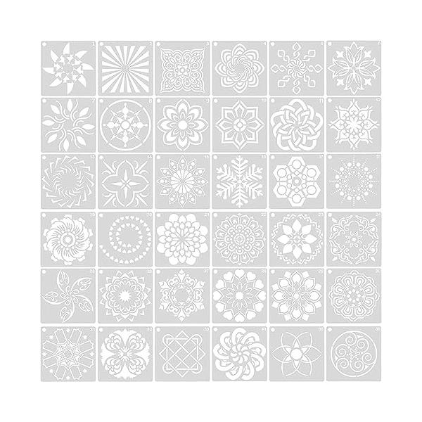 アートデコレーション・製品仕様：ステンシルシート 36枚セット。カラー：ホワイト。サイズ：9cm*9cm。素材：PET、柔軟性、耐久性、水洗いが可能ですので。・個性的なマンダラ装飾：ストーンペインティング、豊かで多彩なペインティング体験。落...