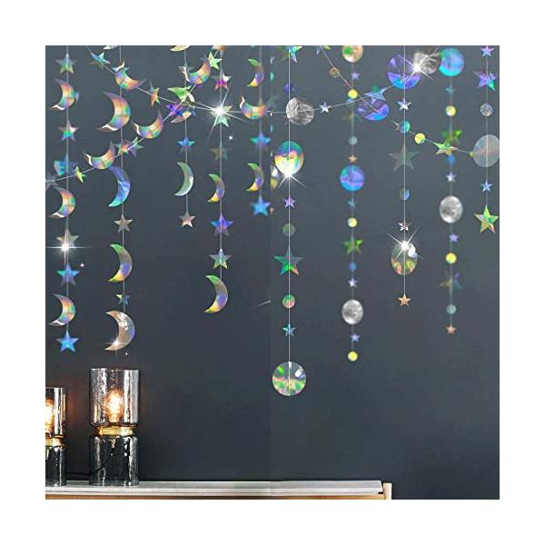 シルバー/-/-・パッケージ個数:1・ガーランドこれらの奇妙でカラフルな星のペンダントはユニークなデザインで、家庭やパーティーの絶好の装飾です。虹の新月と星形のドットパーティーの装飾花輪は丁寧に手作りされ、銀糸機で縫われています。両面3D金...