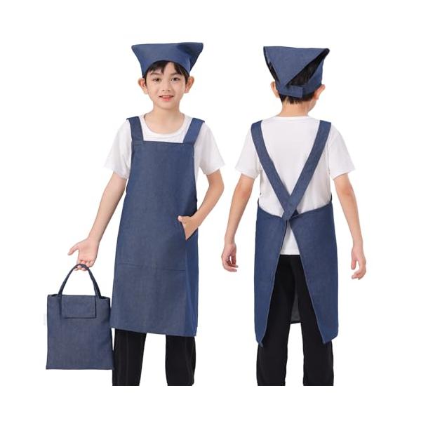 子供用デニムネイビー/L135~155/-・Size:L135~155Color:デニムネイビー・疲れにくい肩掛けタイプのエプロンに三角巾、巾着バッグも付く3点セットです。エプロンは子供でも着脱やサイズ調整が楽なマジックテープ仕様、三角巾も...