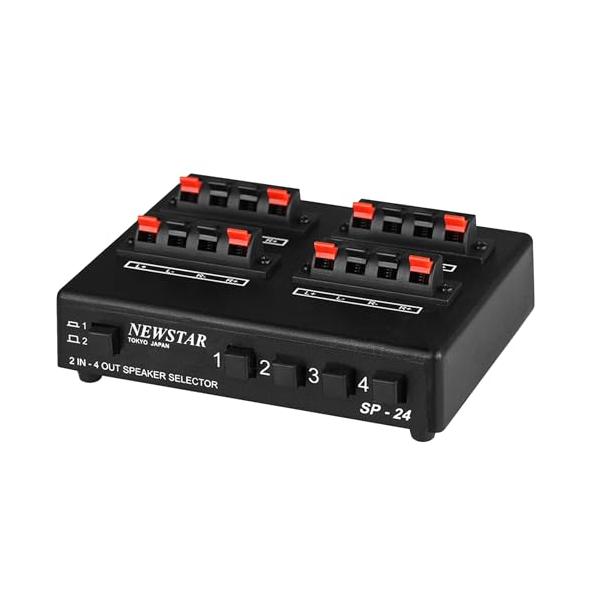 ブラック/-/AZ-00243・スムーズに切替できる2入力4出力セレクター本製品は2つのアンプやオーディオ機器からの音声を、4つのスピーカーへ自在に切り替えて出力できるスピーカーセレクターです。電源不要のパッシブ設計で、シンプルなプッシュボ...
