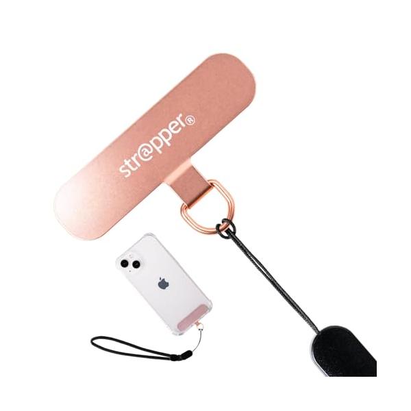 落下防止ピンクゴールド/通常サイズ/hm-strapper・Size:通常サイズColor:ピンクゴールド・マットで上品な質感のステンレス製スマホストラップホルダーストラッパーはマットで落ち着いた光沢感がスマホの色とぴったりマッチするストラ...