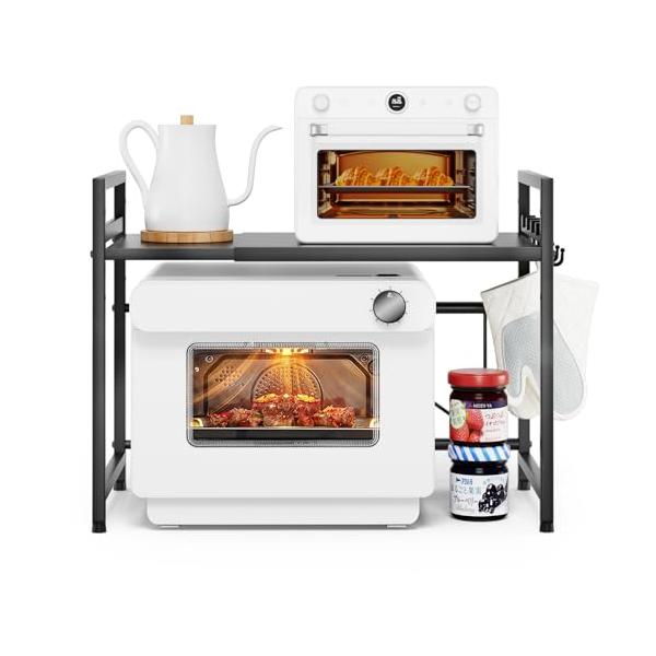 伸縮式ブラック/幅39~65*奥行31.5 *高さ41.5cm/SH06・Color:ブラック・電子レンジ上のデッドスペースを有効活用できる伸縮キッチンラック：レンジ上ラックは、約幅36cm〜65 cm内寸で無段階調整できる、可動棚板は約5...