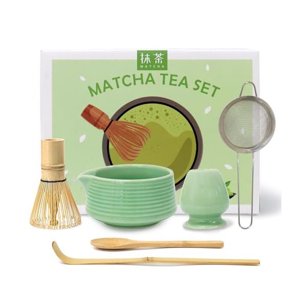 日本風グリーン/-/set・Color:グリーン・プロの6点抹茶セット??簡単に本格的な日本の抹茶を作ることができます:茶道具 セットには厚手の陶器の抹茶茶碗、大きな竹の茶筅、茶杓、茶筅立、抹茶スプーン、ステンレスの茶漉し が入っています。...