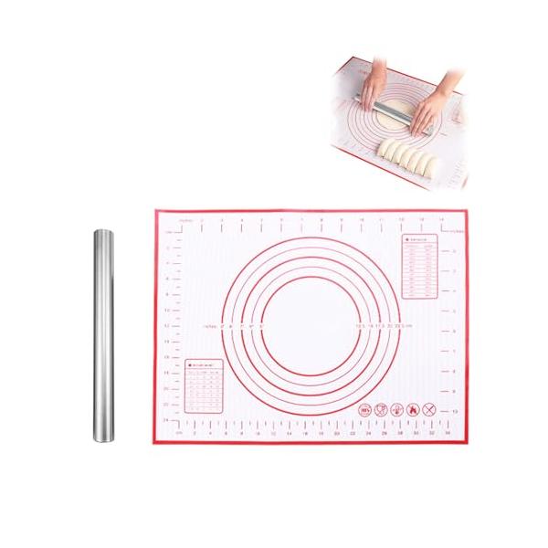 ぎんいろ/-/RH-085・??こね台＆めん棒セットがキッチンの相棒にマットの精密目盛り（1cm間隔）で生地サイズが即確認。ステンレスめん棒で木製/プラスチック製品の粉混ざりカビ発生問題を完全解決・??麺棒滑らかで使いやすいシームレス設計に...