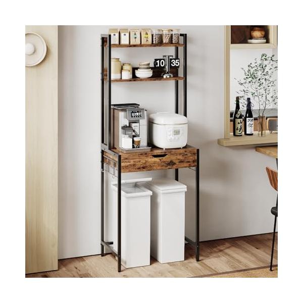 ヴィンテージ、モダンブラウン/幅64×奥行40×高さ170cm・引き出し付き/K101164K-RST・Color:ブラウンSize:幅64×奥行40×高さ170cm・引き出し付き・狭いキッチンの神アイテム・ゴミ箱上ラック0.16畳の奇跡わ...