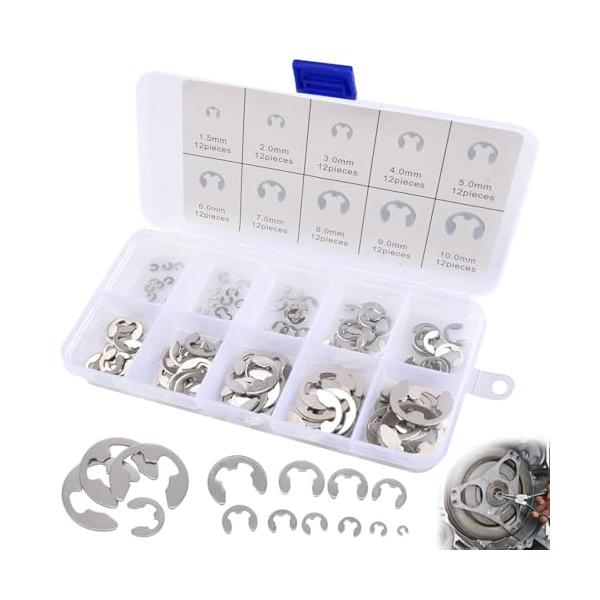 シルバー/M1.5-M10/-・?? セット内容全120個セット（各サイズ12個入り）。高品質304ステンレス鋼製、シルバーカラーのE型スナップリングです。・?? 豊富なサイズ1.5mm〜10.0mmまで10サイズ対応（1.5/2.0/3....
