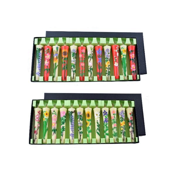 七尾和ろうそくの老舗・高澤ろうそく店の手描き絵ろうそく「12か月セット」です。藤、桜、あやめ、あじさい、ひまわり、朝顔、コスモス、菊、桔梗、椿、水仙、梅。春夏秋冬を彩る手描きの絵ろうそく。雪国では生花が手に入りにくかった冬場にろうそくに花の...