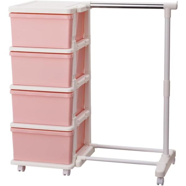 【ハンガーラック付き収納チェストで衣類をすっきり収納】【引出しはストッパー付きなので落ちることがありません】【掃除の際など、移動に便利なキャスターが付いています】