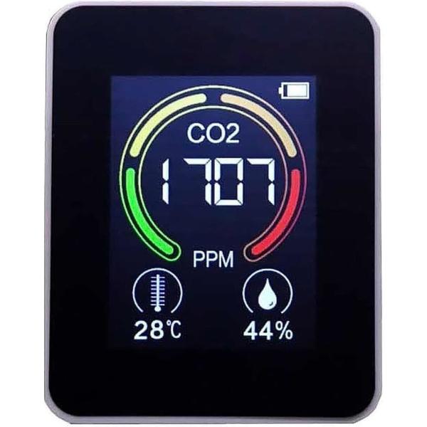 【NDIR方式による高精度なCO2濃度測定。】【CO2濃度に応じて、液晶画面の円の色が変わり警告。】【付属のUSBケーブル(type-B)で充電可能。】