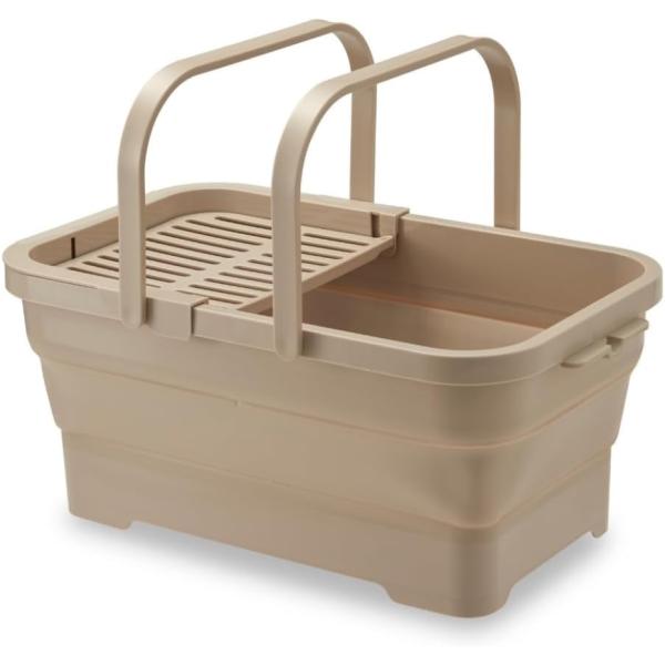 【洗剤などの小物が置ける便利なトレーが付いています。】【折りたためるので使用後はコンパクトに収納できます。】【底面に水抜き栓があるので、後片付けも楽にできます。】