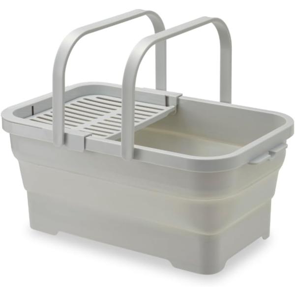 【洗剤などの小物が置ける便利なトレーが付いています。】【折りたためるので使用後はコンパクトに収納できます。】【底面に水抜き栓があるので、後片付けも楽にできます。】