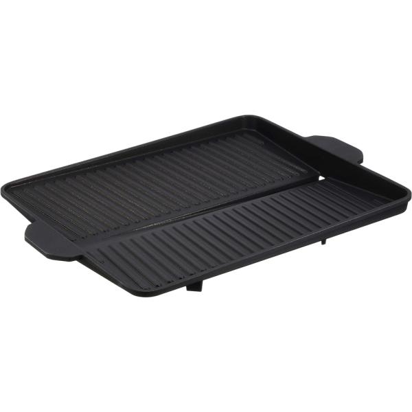 【集めた油をプレート外へ落とす設計。】【カセットコンロに合わせた省スペース設計。】【表面は焦げ付きにくいフッ素樹脂加工。】