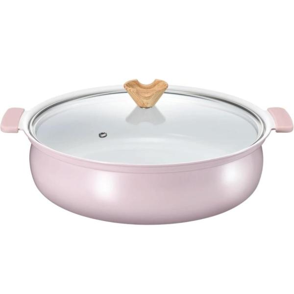 【４〜５人前に最適な、持ち運びもしやすい卓上鍋です。】【セラミック加工により、汚れや焦げが付きにくいです。】【蓋には凹みがあるので菜箸などを置くことができます。】