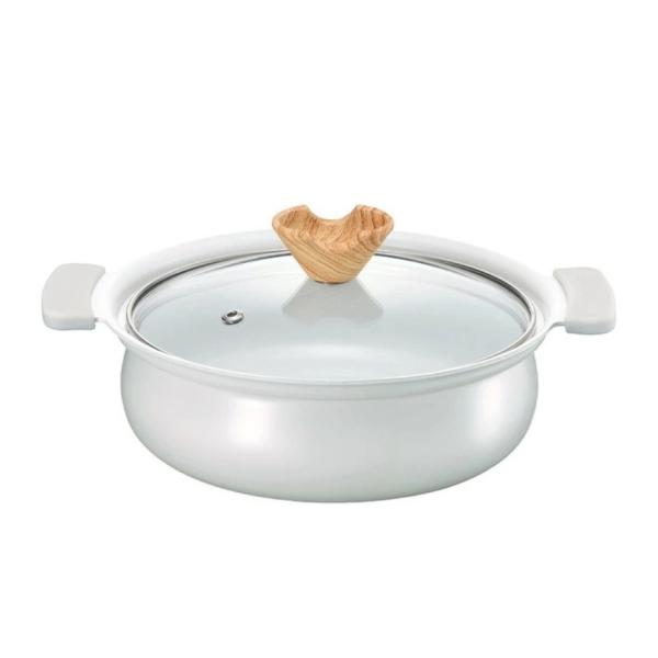 【１〜２人前に最適な、持ち運びもしやすい卓上鍋です。】【セラミック加工により、汚れや焦げが付きにくいです。】【蓋には凹みがあるので菜箸などを置くことができます。】