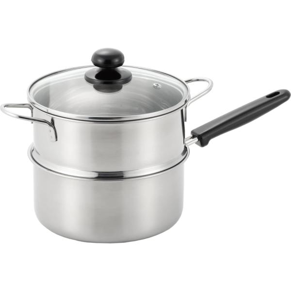 丈夫でさびにくいステンレス製の二段蒸し器茶碗蒸し等の蒸し料理はもちろん、2合までもち米を蒸せるので、赤飯やおこわにも蒸し器を外せば片手鍋として使える