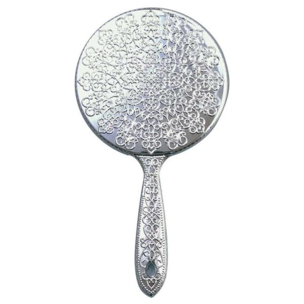 【お姫様のような気分になれるおしゃれなハンドミラー。】【大きめの鏡面で、顔全体がしっかりチェックできます。】【持ち手には掛けて収納できるフック穴が付いています。】