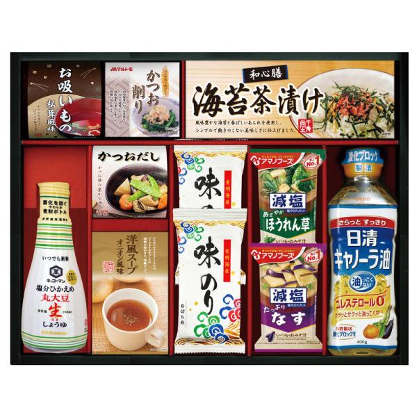 ご家庭で大活躍するバラエティ豊かな詰合せギフトです。【内容】日清キャノーラ油：400g×1、アマノフーズ減塩いつものおみそ汁×2（なす・ほうれん草×各1）、丸美屋洋風スープオニオン風味5P×1、マルトモかつおパック：0.7g×3P×1、有明...