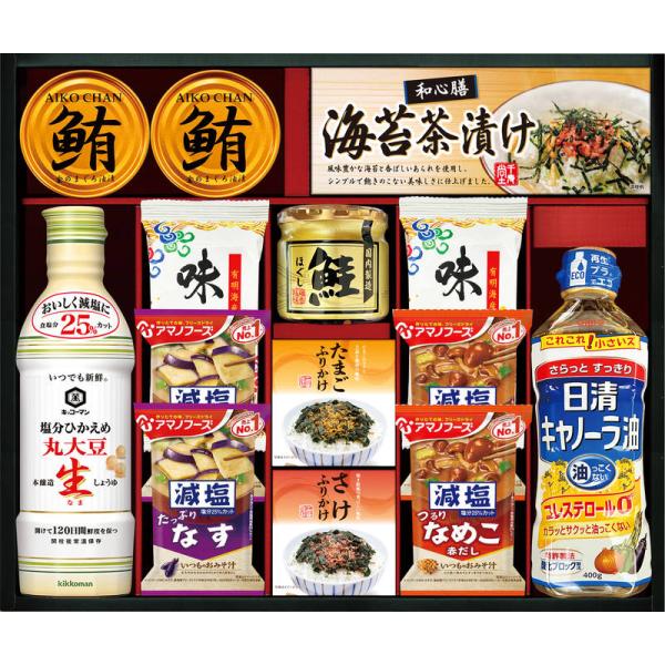 ご家庭で大活躍するバラエティ豊かな詰合せギフトです。【内容】キッコーマン塩分ひかえめ丸大豆生しょうゆ：450mL・日清キャノーラ油400ｇ×各1、アマノフーズ減塩いつものおみそ汁×4（なす・なめこ×各2）、有明海産味のり：8切5枚×2、丸美...
