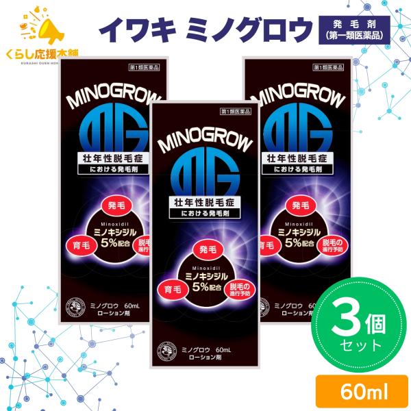 ミノグロウは，有効成分ミノキシジルを5％配合した壮年性脱毛症用の発毛剤です。ヘアサイクルの成長期を刺激・延長させて毛髪を長くし，その数を増やします。容器は，1回量の1mLを計量できる構造になっています。