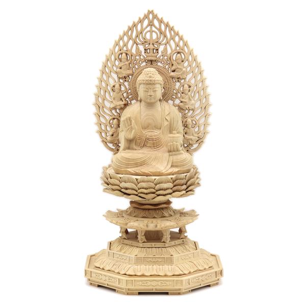 【材質：柘植】【総高31cm、幅15cm、奥行き15cm】薬師如来薬師瑠璃光如来ともいい、東方浄瑠璃世界の教主。薬師本願功徳経では、東方世界において、菩薩の道を行し、十二大願を発し、成就したとある。一切衆生を無明の病疾より救い出して、利楽せ...