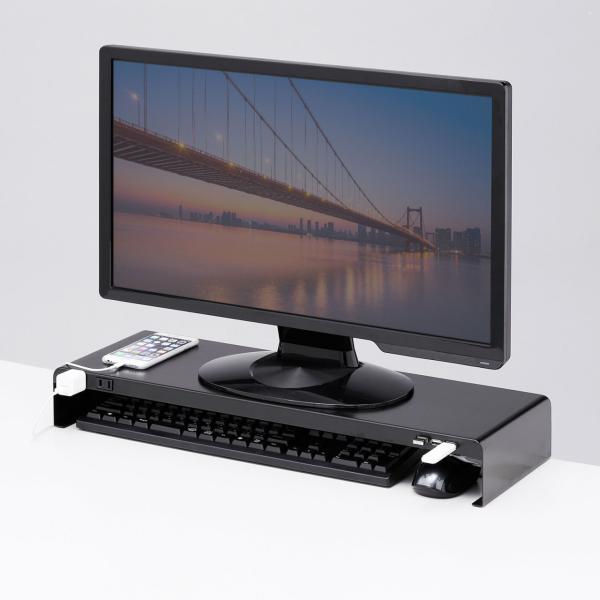 電源タップとUSBハブ付机上ラック。机上の空間を有効活用。【外寸】W600×D200×H80mm【天板】/W600×D200×T22mm【重量】1.8kg【材質】スチール（エポキシ樹脂粉体塗装）【総耐荷重】7kg--特徴--●液晶モニター下...