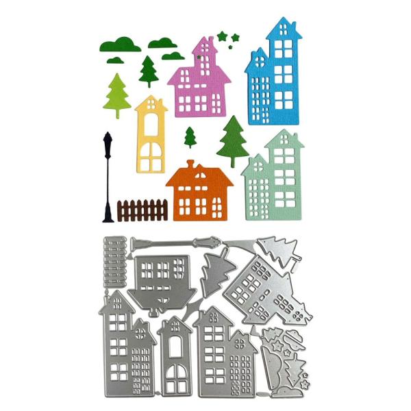 こちらは家や木のダイカット用抜型です。街灯や柵もあります。スクラップブッキングやアルバム、カード作りにお役立てください。抜型のみのお届けです。使用例のペーパーは含まれません。取扱説明書はありません。【サイズ】10×7（cm）【材質】炭素鋼【...