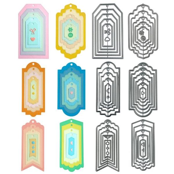 こちらはタグが作成できるカッティングダイです。縁にステッチが入ります。抜型のみのお届けです。使用例のペーパーは含まれません。取扱説明書はありません。【サイズ】cm〈081〉5サイズ　6.5×11.5 / 5.3×9.8 / 4.2×8.1 ...