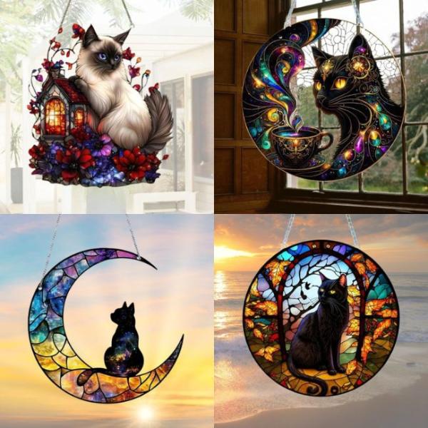 こちらは猫さんのサンキャッチャーです。ステンドグラス風の鮮やかな色彩が、絵画のように窓辺を彩ります。アクリル製なので割れる心配がなく、安心して飾ることができます。印刷の面とツルツルした面があり、画像はツルツルした面です。どちらが表でも綺麗で...