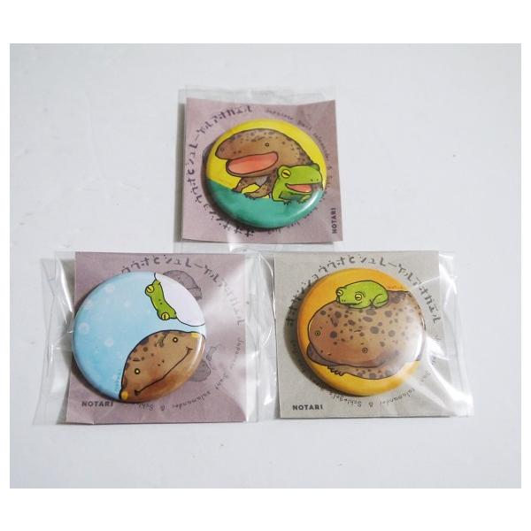 『両生類なかよし 缶バッジ：3種セット』　NOTARI・オオサンショウウオとシュレーゲルアオガエル 缶バッジ　「ほっぺぷく（水色）」、　「おはよ〜！（黄×緑）」、　「うとうと（オレンジ）」　の3種セットです。・サイズ：38mm新品未開封です...