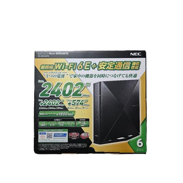 NEC Aterm PA-WX5400T6概要：NEC製の無線LANルーター。Wi-Fi 6E（11ax）対応でトライバンド通信を実現し、家中の機器を快適につなげます。6GHz/5GHz/2.4GHzの3帯域を使い分けることで混雑が少なく高...
