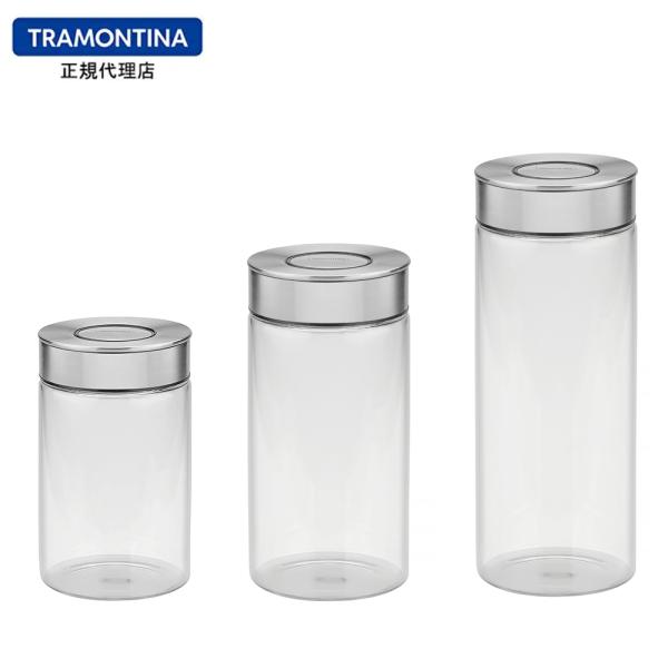 南米キッチンウェアトップブランドの『TRAMONTINA』の食品用グラスコンテナ(ガラスキャニスター)。ワンタッチ密閉＆開閉式で片手で簡単に蓋を外せます♪グラスの容器とステンレス蓋の組み合わせは食材に臭いが付きにくいため料理研究家の先生など...