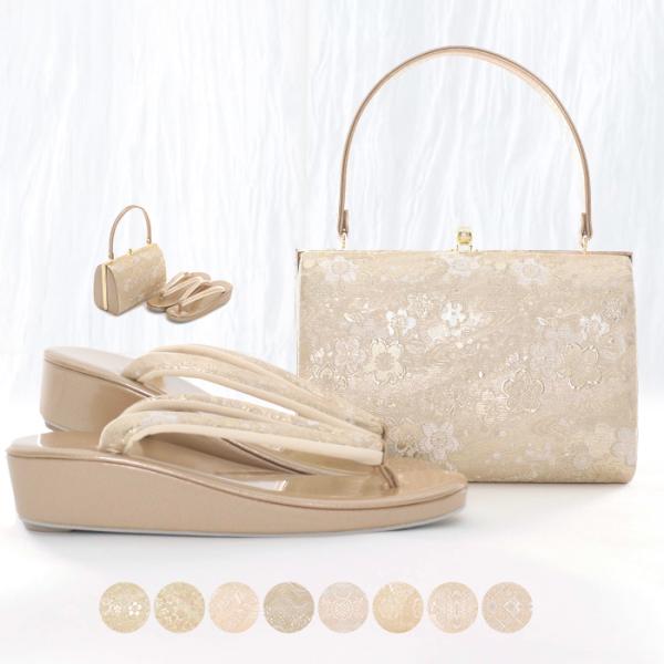 留袖・訪問着に。フォーマルシーンにぴったりの草履バッグセットです。【上品な色柄の草履バッグセット】スマホ・長財布も難なく収まるバッグ。フォーマルな場によく合う上品な柄を厳選いたしました。【足にフィットするR芯草履】足裏に沿ってゆるやかにカー...