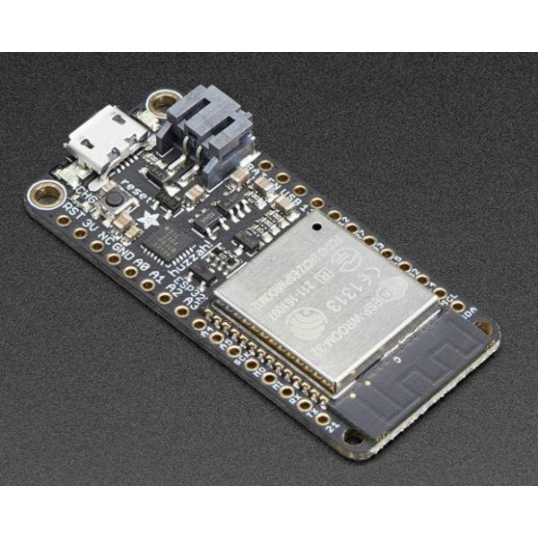 HUZZAH32(ハザー32)は、ESP-WROOM-32ベースのFeatherフォームファクタボードです。USB−シリアル変換、自動ブートローダーリセット、リチウムイオン/ポリマー充電器が搭載されています。