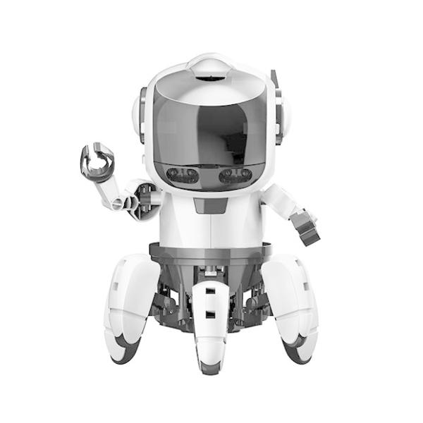 モーター、スイッチ、スピーカー、赤外線センサーを搭載した、micro:bitでプログラミングする6足歩行ロボットです。