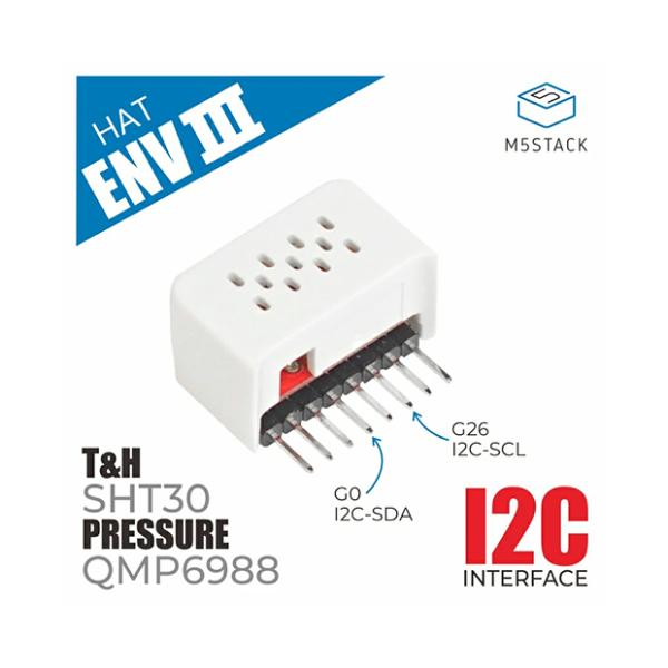 デジタル温湿度センサーと気圧センサーを内蔵した、環境測定用途向けのM5Stick-C用Hatです。M5Stick-Cの拡張ソケットに取り付けて使用します。