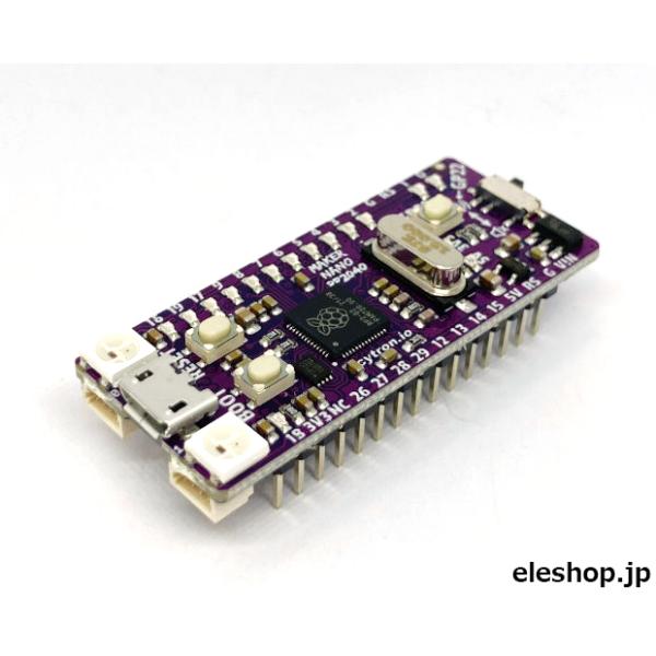 32ビットマイコン「RP2040」を搭載したシンプルなRaspberry Pi Pico互換のマイコンボードです。小型でありながら基板両面を活用した高密度実装が特徴で、一部のI/Oピンにはポートの状態が一目でわかるインジケータLEDや圧電ブ...