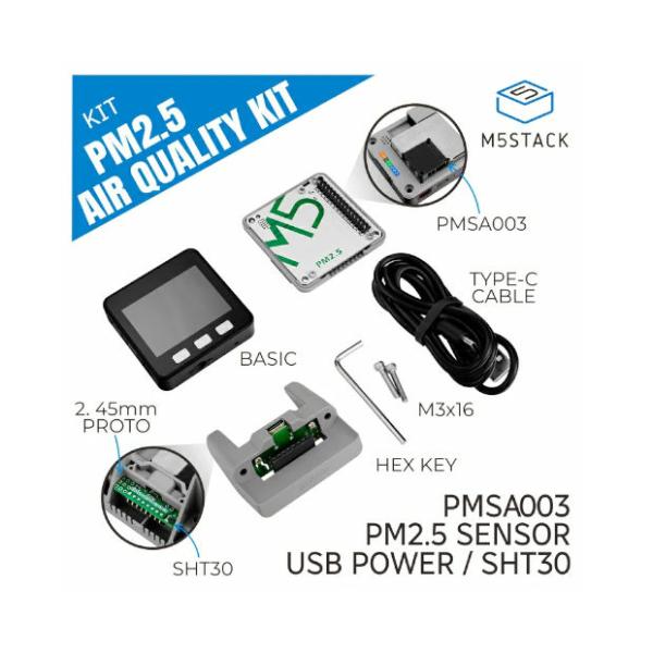 PM2.5 Air Quality Kit(大気質センサキット)は、温湿度測定および空気環境の品質試験のためのキットです。マイコンモジュール本体「M5Stack Basic」、温湿度センサー「SHT30」、大気中微粒子濃度センサー「PMSA...