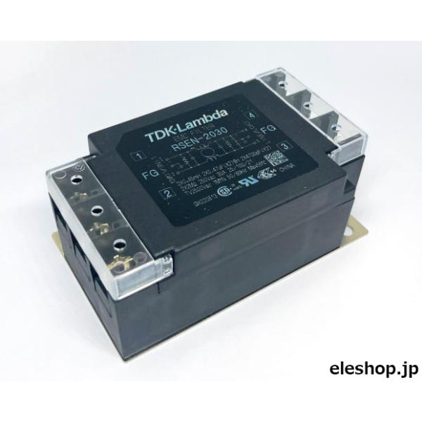 TDKラムダ製の電源ライン用ノイズフィルター。定格：DC/AC250V 30A。入出力に端子台を使用し、セルフアップねじ、開閉式カバーにより配線作業性が向上しています。