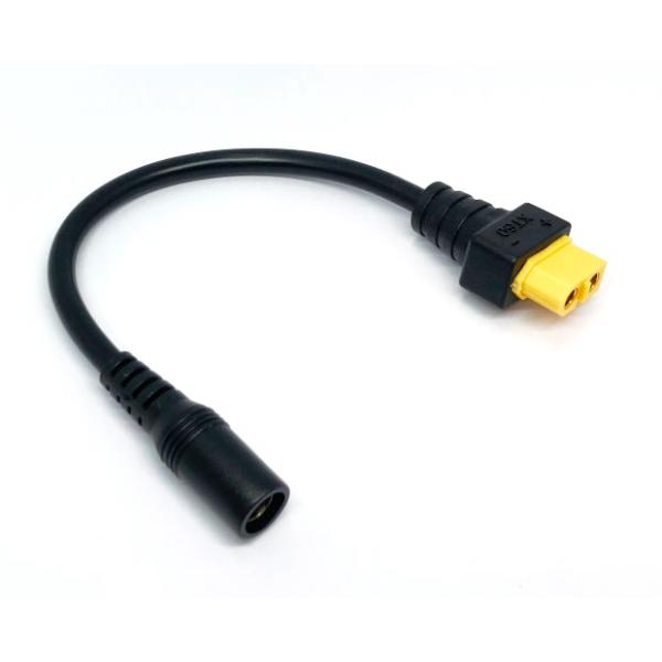 ラジコンバッテリーやソーラーパネル電力端子等によく使われるXT60(メス)コネクタと、DCジャックの変換ケーブルです。XT60(メス)−DCジャック(外径φ5.5mm/内径φ2.1mm)、長さ：約15cm