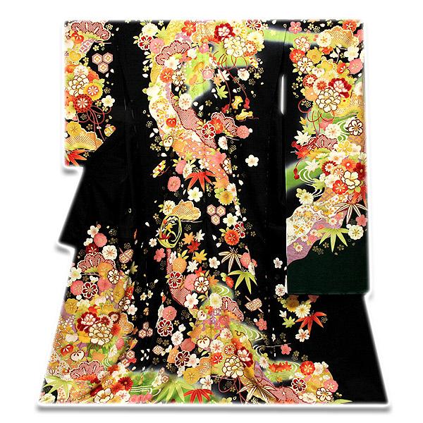 ・新品　未仕立て　正絹・地色…【黒色】・八掛け…エンジ色（赤色系）の八掛け付き・丹後ちりめん生地・伝統産業品:手捺 型染め京友禅・適応年代…１０代〜２０代のお方に最適です。・サイズ…仮絵羽身丈(肩より)１８４ｃｍ・裄７２ｃｍ (身長１７４ｃ...