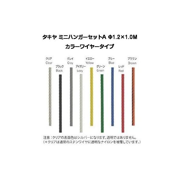 タキヤのミニハンガーセットAカラーワイヤ（ワイヤ太さ1.2ｍｍ×長さ1.0M)です。カラーナイロンを被覆したカラーワイヤで、クリア・ブラック・グレイ・アイボリー・イエロー・グリーン・ブルー・レッド・ブラウンの9色からお選びいただけます。※ク...