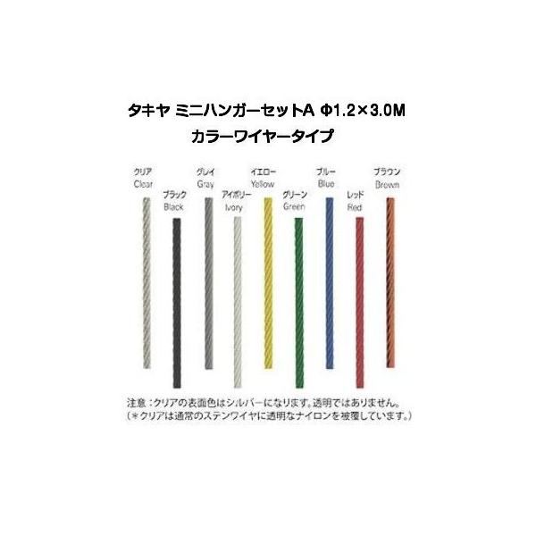 タキヤのミニハンガーセットAカラーワイヤ（ワイヤ太さ1.2ｍｍ×長さ3.0M)です。カラーナイロンを被覆したカラーワイヤで、クリア・ブラック・グレイ・アイボリー・イエロー・グリーン・ブルー・レッド・ブラウンの9色からお選びいただけます。※ク...