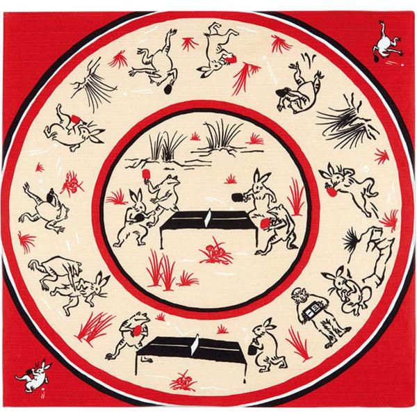 ○宮本　kenema　小風呂敷　鳥獣戯画　卓球　約50×50cm　綿100％　日本製　新品　・一三巾(いちさんはば)と呼ばれる約50cm角の小風呂敷です。　・弁当包みやひざ掛けなど使い勝手の良いサイズです。　・厚手で素材感のあるシャンタン生...