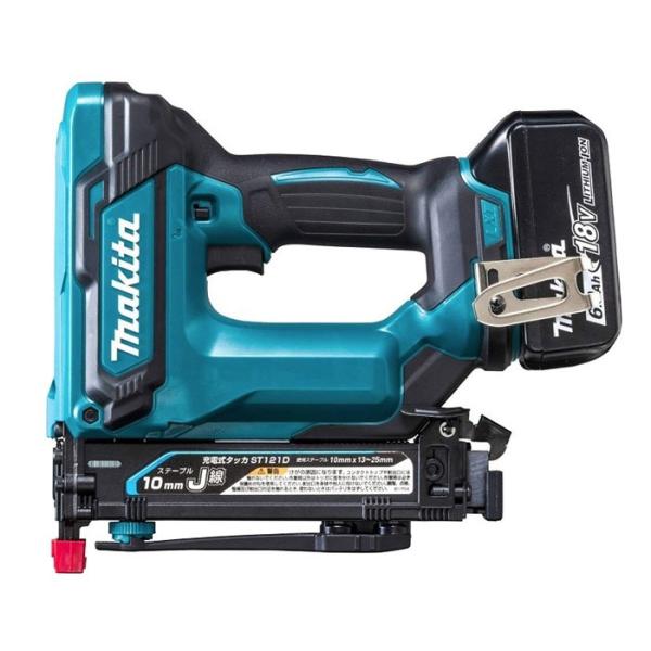 マキタ　18V　充電式タッカ　ST121DRG　6.0Ahモデル　(J線ステープル専用/ステープル幅10mm)■　標準付属品：ノーズアダプタ・セフティゴーグル・フック・バッテリBL1860B・充電器DC18RF・ケース付■　J線　幅10×長...