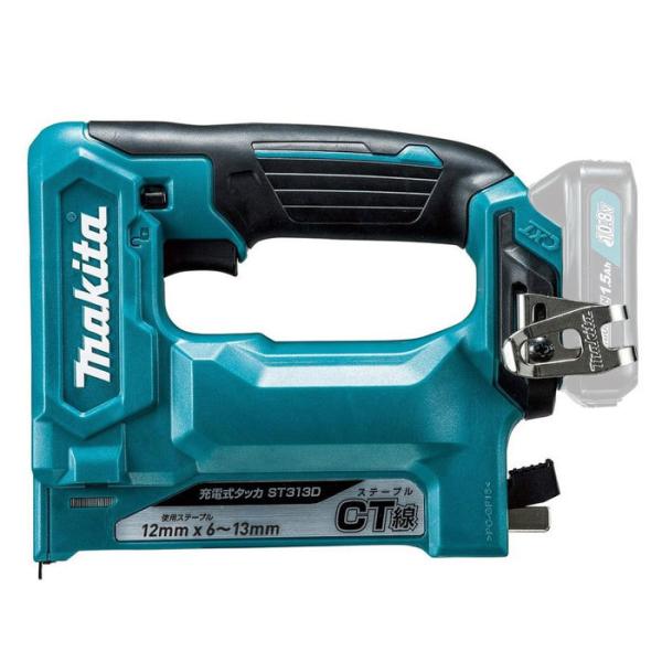 マキタ　１０．８Ｖ　充電式タッカ　ＳＴ３１３ＤＺＫ　本体のみ（ケース付）　ＣＴ線■　ＣＴ線ステープル専用■　スライド式１０．８Ｖバッテリ採用■　抜群の取り回しと手軽さで狭い場所でも打込み快適■　空打ち防止機構■　トリガロック■　握りやすい形...
