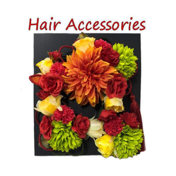 商品名　　髪飾り　５点セット　ちりめん細工サイズ／寸法　　【大】花飾り（一つの大きさ）/約９ｃｍ×９ｃｍ　　【小】花飾り（一つの大きさ）/約６ｃｍ×６ｃｍ　　　ピン長さ/平均約７ｃｍ　製造　　日本製商品説明彩り鮮やかなダリアや薔薇の花飾りに...