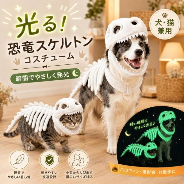 製品説明：3D頭蓋骨と肋骨デザインのダークで光る豪華な恐竜スケルトン猫コスチューム、軽量でソフトな2ピースのスリッポンフード衣装、不気味なハロウィーンパーティーの写真小道具、小さな国内の子猫用のノベルティホリデーギフトです。ユニークな白い骨...