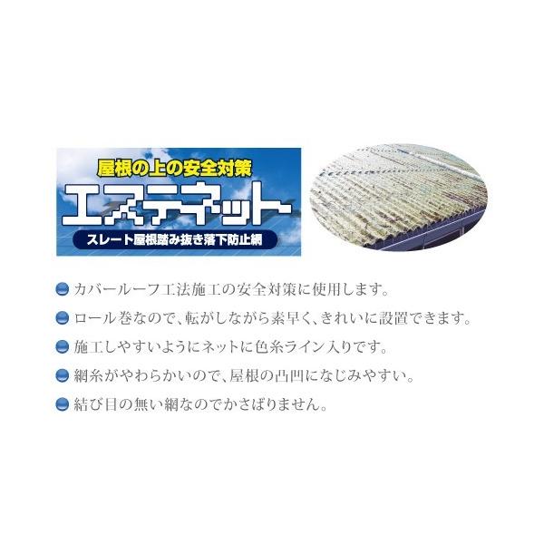 【メーカー】●木下製網（株）【特長】●ロール巻きなので、転がしながら素早く、キレイに設置できます。●施工しやすいようにネットに色糸ライン入りです。●網糸が柔らかいので、屋根の凹凸に馴染みやすい。●結び目のない網なので、かさばりません。【用途...