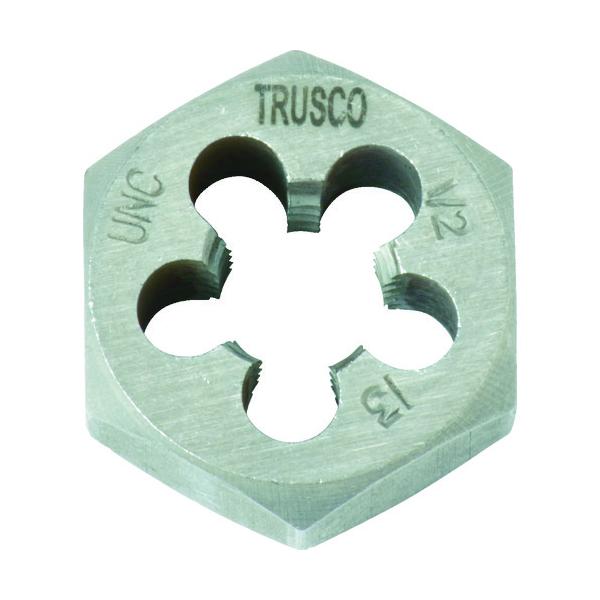 【メーカー】●トラスコ中山（株）【仕様】●呼び寸法：1/2●山数：13●厚さ(mm)：12.7●2面幅寸法(mm)：27【材質・仕上げ】●低合金鋼（SKS）【注意】●六角サラエナットダイスは、丸ダイスと違い、大きさを調整する調整ねじが付いて...