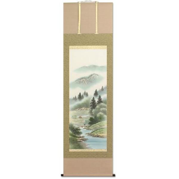 掛け軸。静かな山里の情景が限りないやすらぎをもたらしてくれます。年中掛けていただけます。作者/岱 招鳳（やま しょうほう） 略歴/昭和30年生 滋賀県出身 岐阜市在住 寒浪会会員 得意：山水・花鳥サイズ/三段表装仕上げ掛けた時のサイズ/約5...